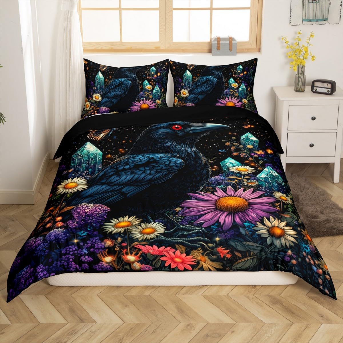 Erosebridal Crow Comforter Cover Full Size, Halloween Raven Bedding Set for Kids Teens Adult Women, Black Bird Animal Duvet Cover Flower Daisy Floral Quilt Cover Rustic Farmhouse Decoration