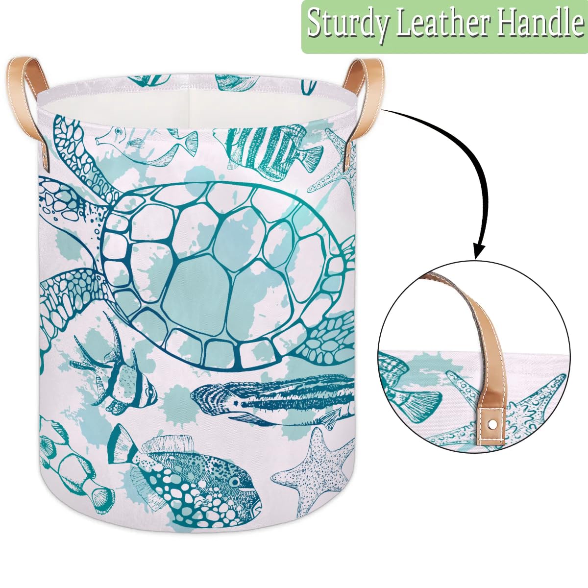 LLCXCSI Large Laundry Hamper Basket, Round Collapsible Storage Organizer Bin for Kids, Boys, Nursery, Closet, Bedroom, Playroom, Toys, Dirty Clothes, 16" W x 20" H (Sea Turtle Ocean Theme)