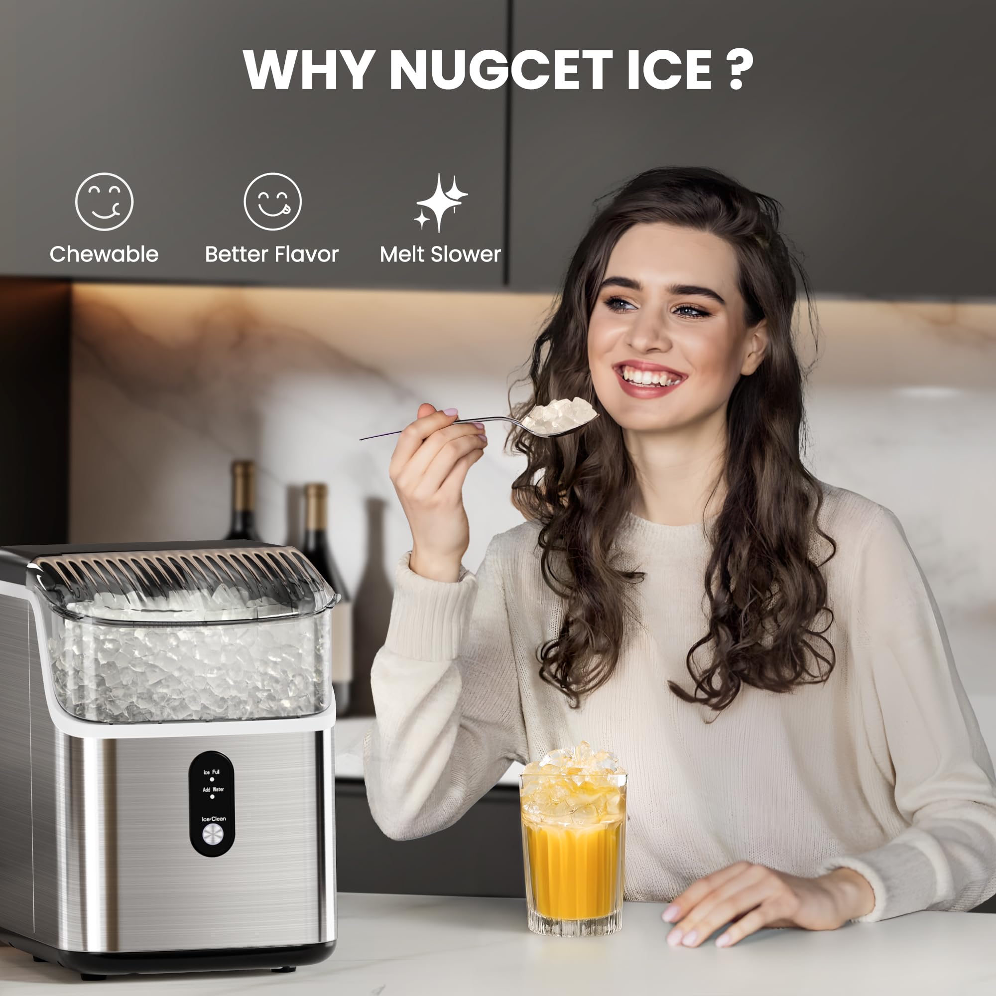 Electactic Nugget Ice Maker Countertop, Pebble Ice Maker with Chewable Ice, 34lbs/Day, One-Click Operation, Self-Cleaning Countertop Ice Machine, Pellet Ice Maker for Home/Kitchen/Office(Silver)