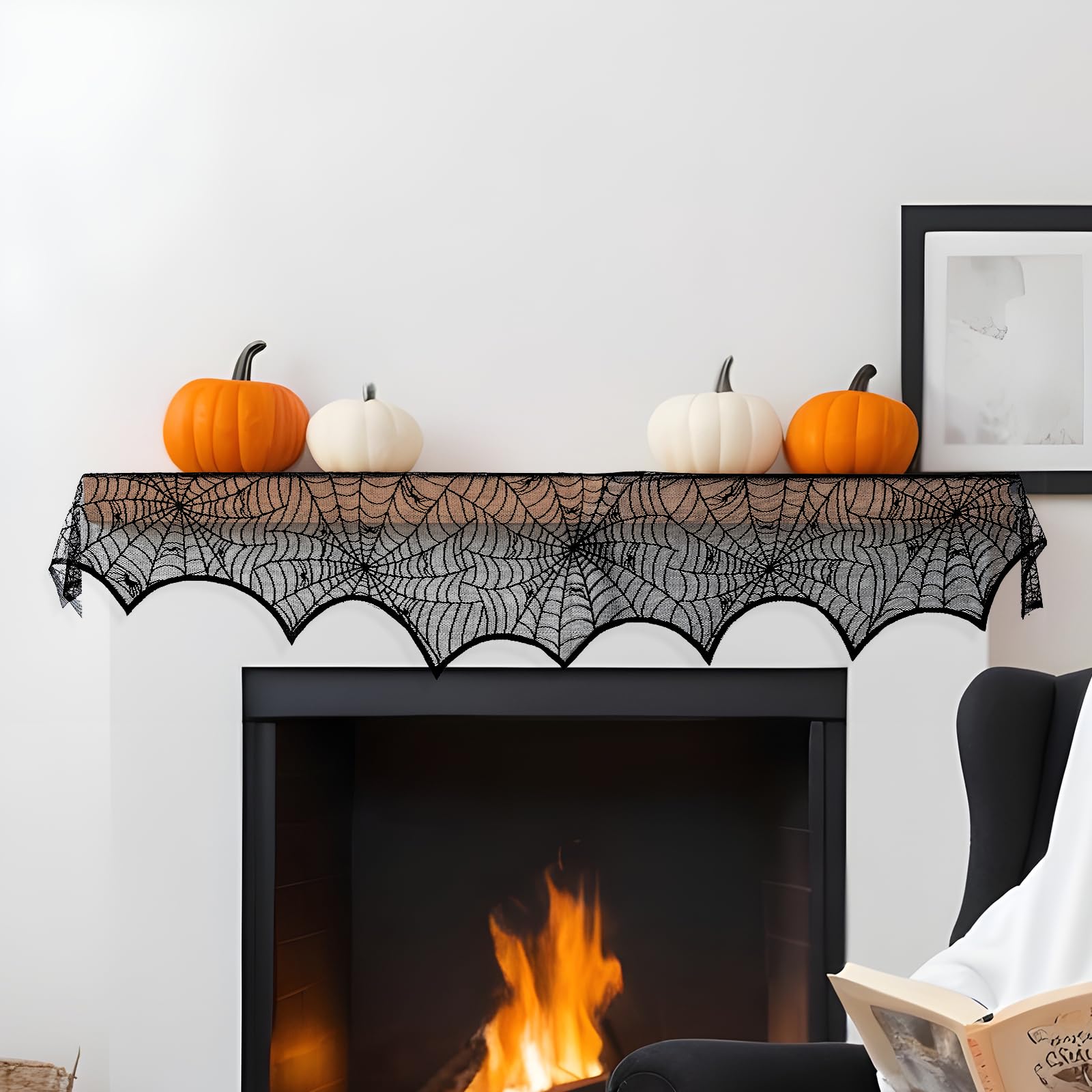 Bittesnew Halloween Decorations Spider Web Fireplace Cover, 18 x 96 inch Black Lace Cobweb Fireplace Mantle Scarf Cover, Halloween Decorations for inside, Door, Window and Festive Party Supplies Decor