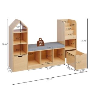 Kids Bookcase with Reading Nook, Bench Kids Bookshelf with 7 Storage Cubbies and 2 Movable Drawers, Multi-Purpose Toy Storage Organizer with Seat Cushion for Playroom, Bedroom, Living Room, Oak