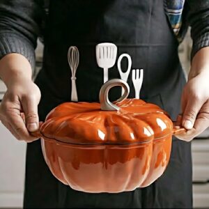 Pumpkin Dutch Oven, Enameled Cast Iron Pumpkin-Shaped Pot with Lid, Double Handle for Cooking, Marinating, Refrigerating, Baking, Safe for All Stovetops, 3.9-Quart (Yellow)