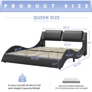 DICTAC Queen Bed Frame with Led Lights and Charging Ports Modern Faux Leather Upholstered Queen Size Platform Bed with Headboard Wave Like Curve Low Profile Bed,Wood Slats Support,Easy Assembly,Black