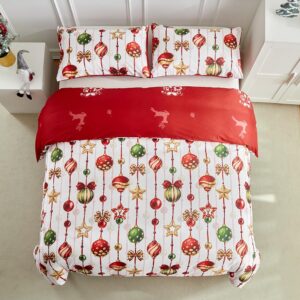 Jolusere Christmas Duvet Cover Queen Size Christmas Themed Duvet Covers White Red Reversible Duvet Cover Set Holiday Decor Bell Bow Tie Pattern Bedding Set for Girls Boys Kids(No Comforter)