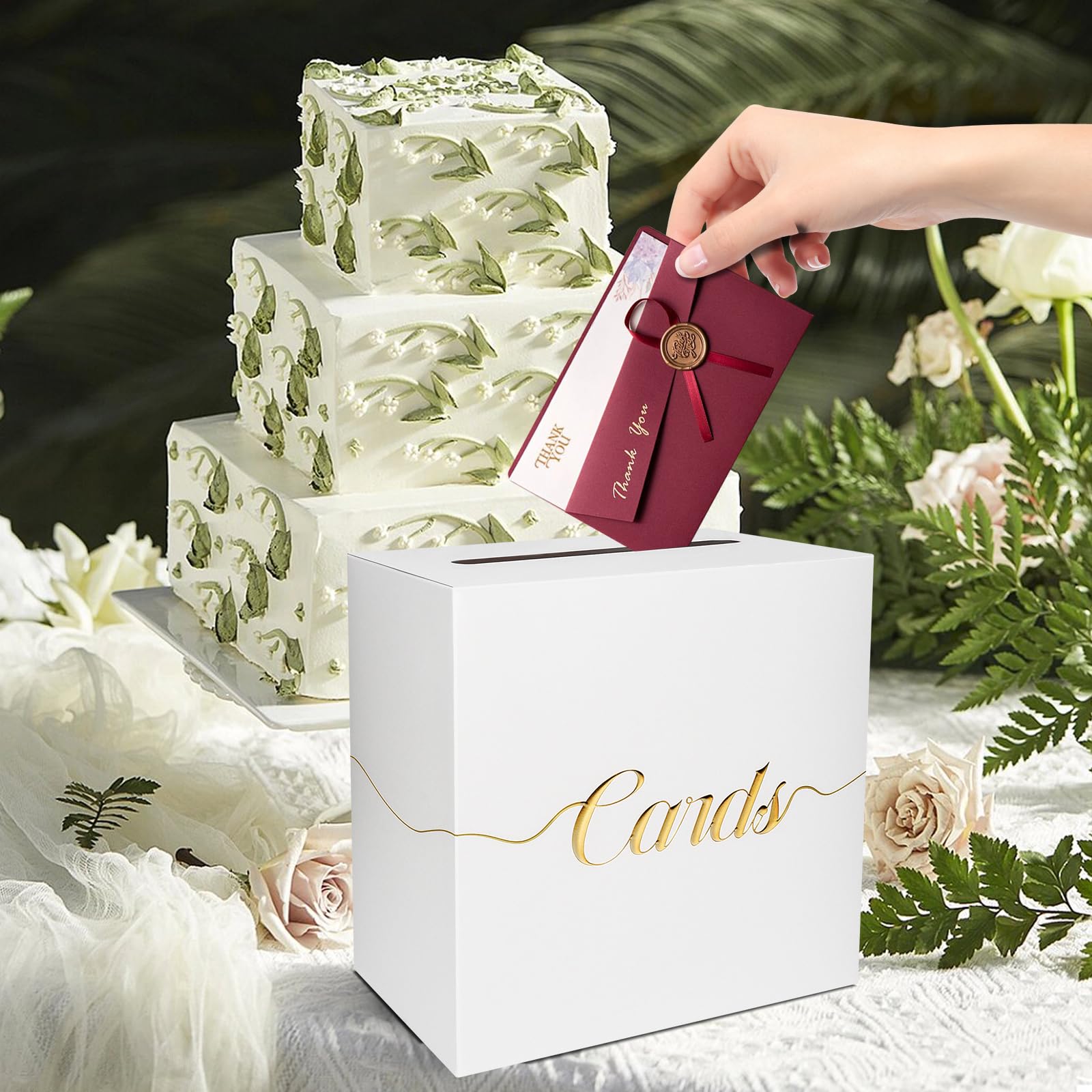 Cayioa Card Box for Party in Gold Foil Embossed Design White Card Box Gift Cards Receiving Box for Birthday Wedding Graduation Card Box