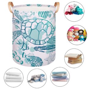 LLCXCSI Large Laundry Hamper Basket, Round Collapsible Storage Organizer Bin for Kids, Boys, Nursery, Closet, Bedroom, Playroom, Toys, Dirty Clothes, 16" W x 20" H (Sea Turtle Ocean Theme)