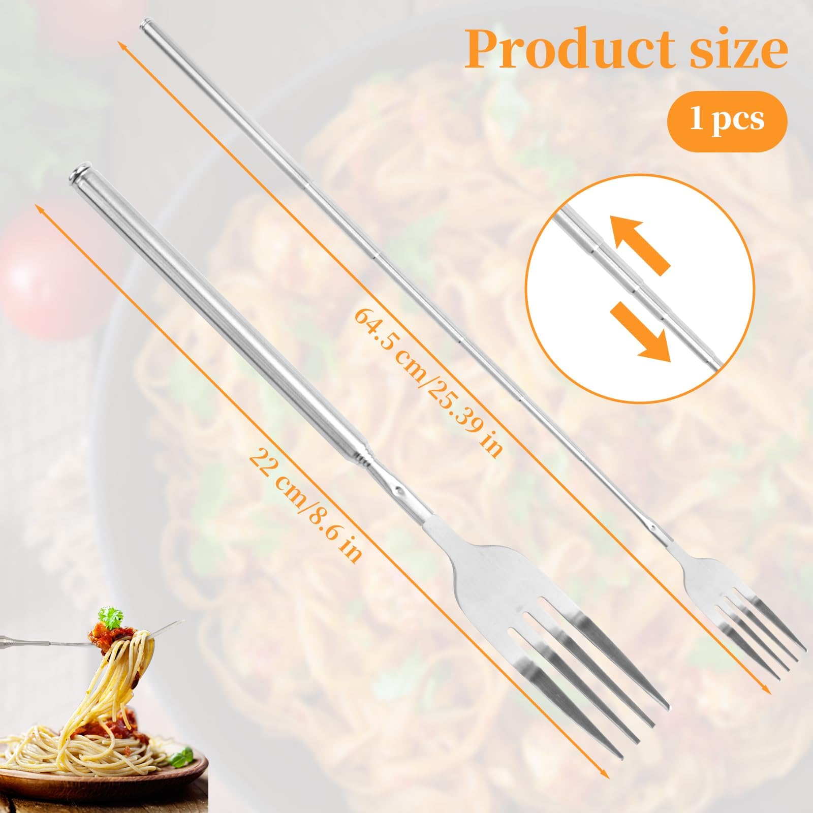 64.6CM Extendable Fork, Stainless Steel Telescoping Retractable Fork Extending Fork Long Fork, Telescopic Long Handled Forks for Eating for Dinner, Fruit, Dessert Fork 8.6" to 25.4"