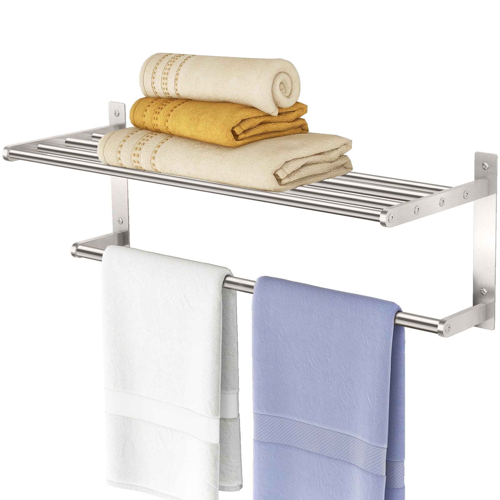 24 Inch Towel Racks for Bathroom, 2-Tire Bathroom Shelf with Towel Bar, Rustproof SUS304 Stainless Steel Wall Mounted Bath Towel Rack, Lavatory Bathroom Towel Storage Towel Holder - Brushed Nickel