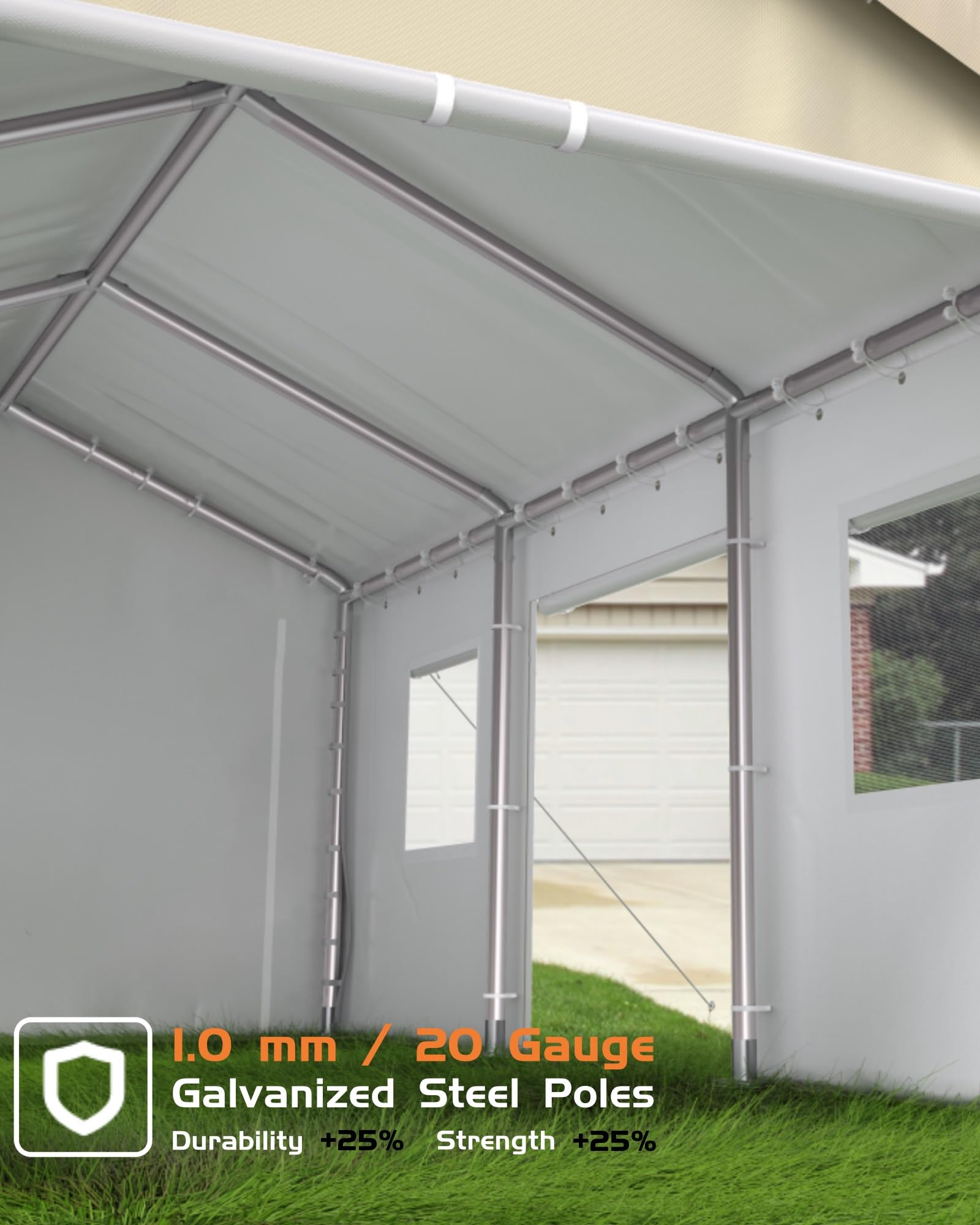 GarveeLife 10 x 20 ft Carport Heavy Duty, Portable Garage with 4 Roll-up Doors, 4 Mesh Windows, 180 g PE Tarps, and 8 x 1.0 mm Poles, for Full-Size Pickups, Bass Boats, and SUVs, Khaki