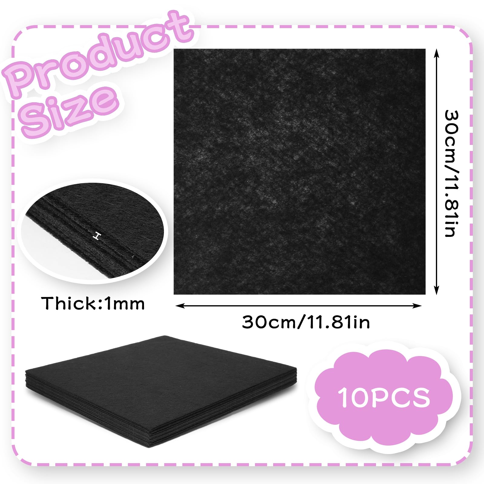 12" x 12" Squares Felt Sheets Fabric, 10Pcs Felt Fabric for Crafts, 1mm Thick Halloween Christmas Fabric Fall Felt Non-Woven Felt Paper for Sewing DIY Projects(Black)