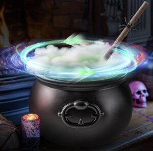 halloween decorations indoor - magic auto stirring mixing witches cauldron halloween decor with 4 light strings - black plastic witch bowl hocus pocus party decoration for table home kitchen room