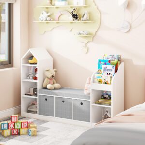 Kids Bookcase with Reading Nook, Bench Kids Bookshelf with 9 Storage Cubbies and 3 Drawers, Multi-Purpose Toy Storage Organizer with Seat Cushion for Playroom, Bedroom, Entryway, Living Room, White