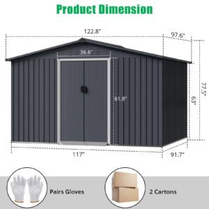 Zstar 10 x 8 FT Outdoor Storage Shed, Metal Storage Shed with Updated Frame Structure, Lockable Doors and Sloped Roof, Large Storage Shed for Backyard Garden Patio Lawn, Gray