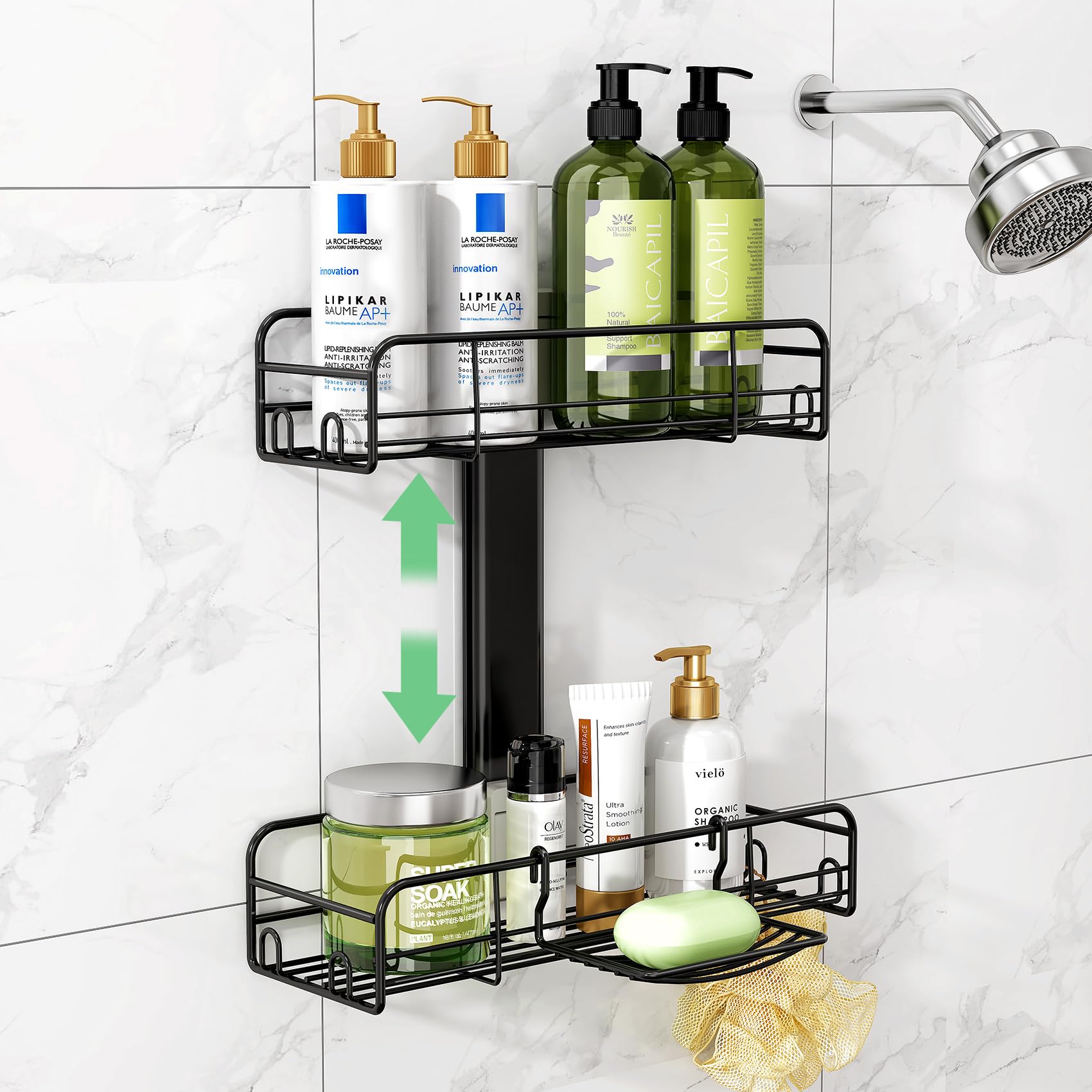 Kitstorack Hanging Shower Caddy - Adjustable Shower Organizer with Soap Dish Rustproof Stainless Steel Shelf & Aluminum Spine No Drilling Shower Shelves for Bathroom Organizers and Storage