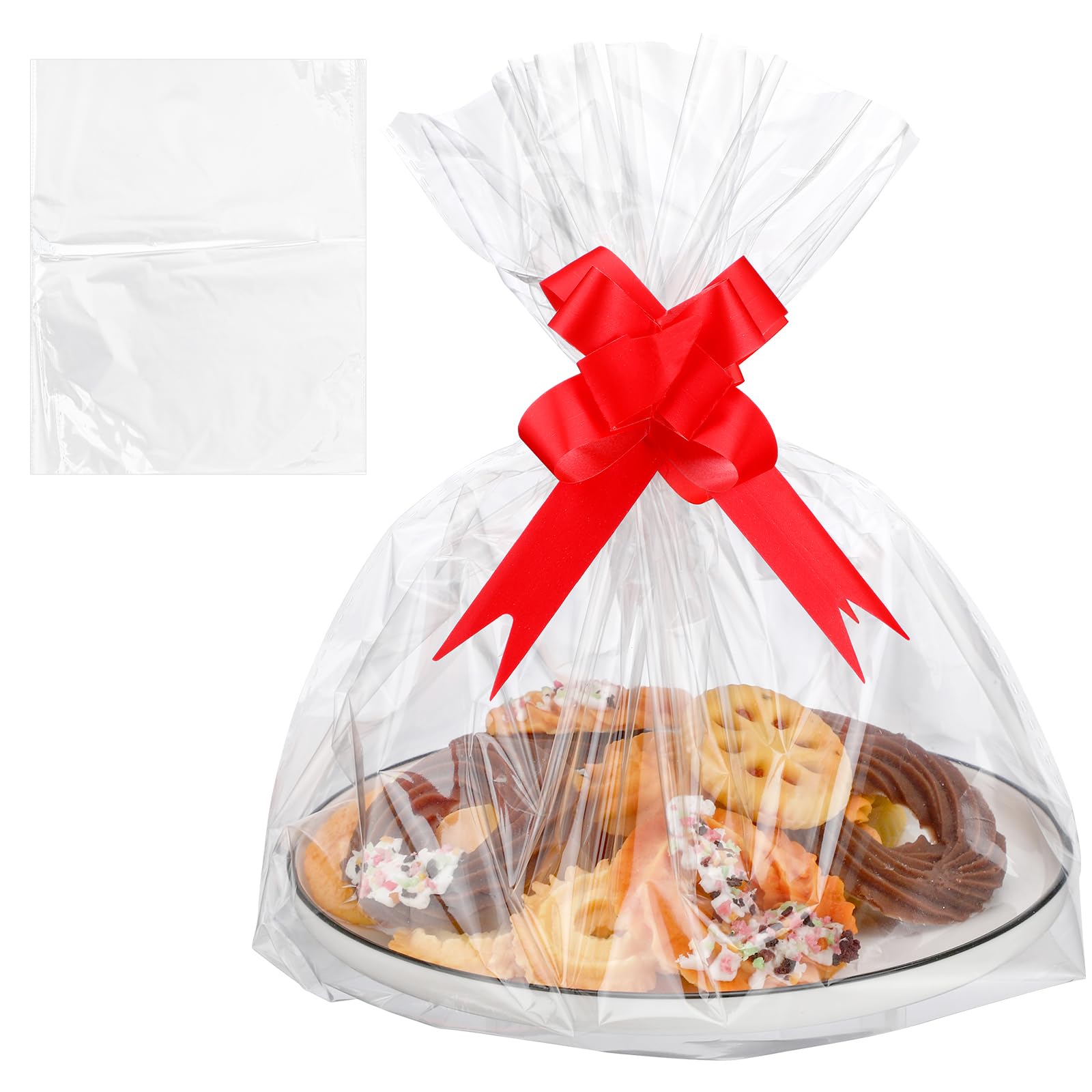 Nuogo 30 Sets Christmas Cookie Tray Bags Cellophane 14" x 18" Clear Cello Tray Bags Christmas Cookie Bags for Gift Giving Christmas Basket Bags with Red Pull Bows for Xmas Holiday Parties Wrap