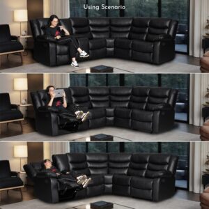 Recliner Sectional Sofa, Faux Leather Manual Reclining Sectional Couch, Modular Livingroom Furniture Sets with 1 Storage Console & 2 Cup Holders (Black)