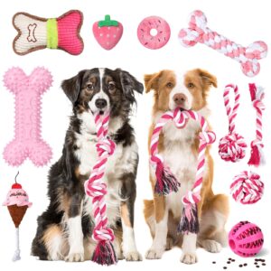 vinsot 12 pack large dog chew toys for aggressive chewers pink large dog teething toys with dental rope toys, squeaky toys, treat balls and chew bone for medium, large x-large breeds dogs