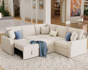 jocisland sofa bed, 85 inch sleeper sofa with pull out bed & storage seat, reversible l shape sectional couch for living room apartment, beige linen oversized sofa