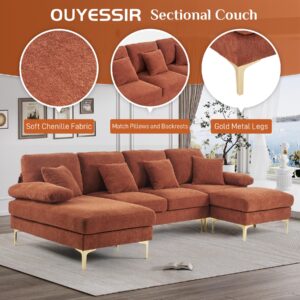 OUYESSIR 110" U Shaped Sectional Sofa Couch for Living Room, 4 Seater Sofa Convertible L-Shaped Chenille Couch Set with Chaise Lounge, Ottoman and Pillows, Orange