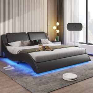 dictac queen bed frame with led lights and charging ports modern faux leather upholstered queen size platform bed with headboard wave like curve low profile bed,wood slats support,easy assembly,black