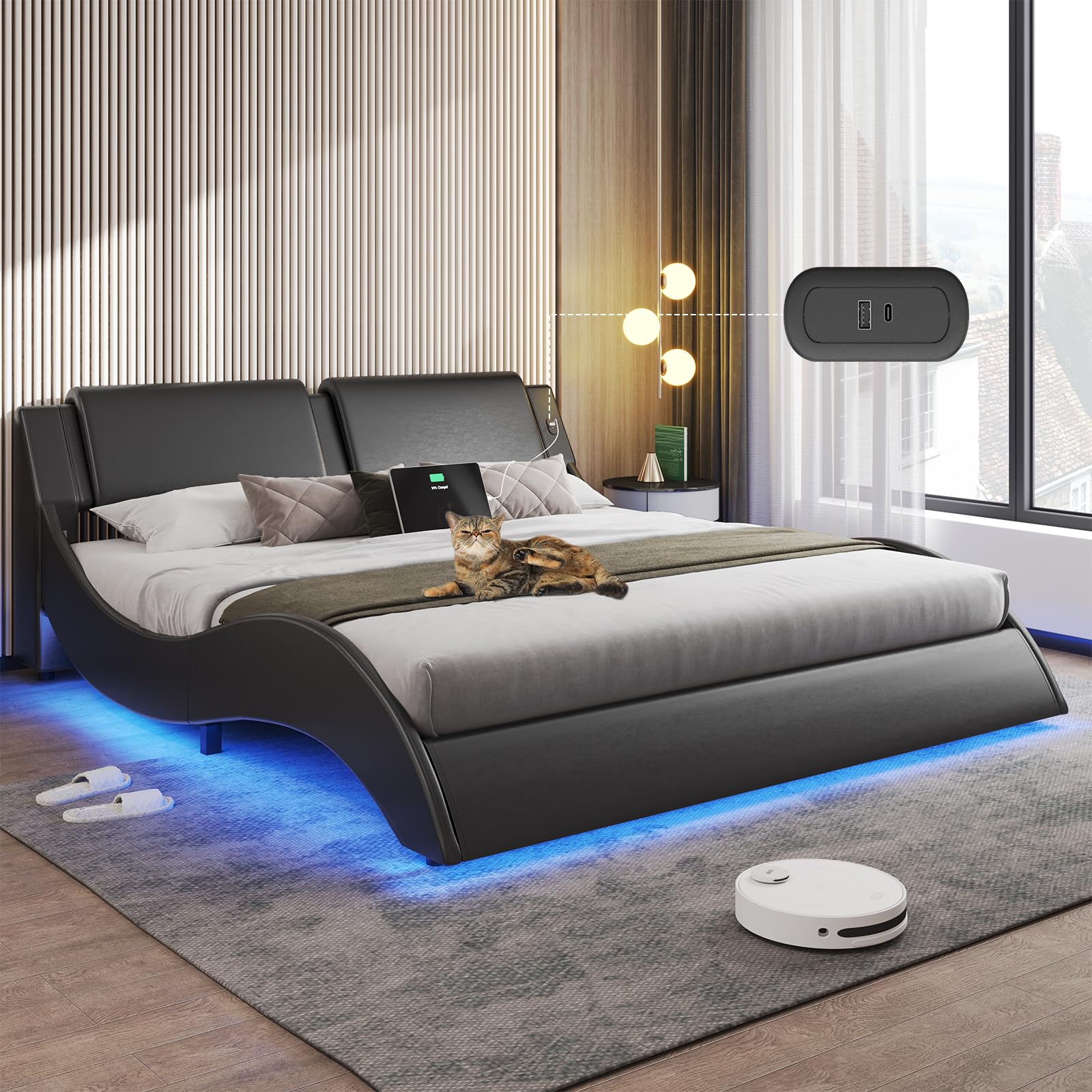 DICTAC Queen Bed Frame with Led Lights and Charging Ports Modern Faux Leather Upholstered Queen Size Platform Bed with Headboard Wave Like Curve Low Profile Bed,Wood Slats Support,Easy Assembly,Black