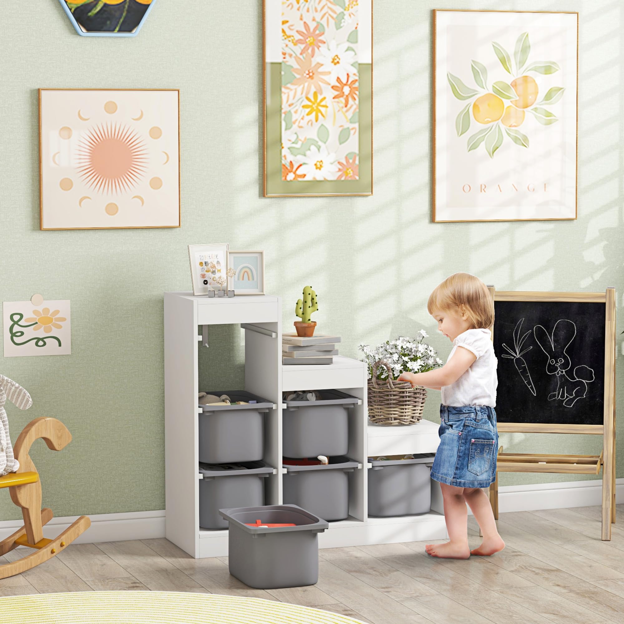 Qaba Kids Toy Storage Organizer with 6 Storage Bins, 3 Layers Kids Bookshelf Toy Organizer for Boys and Girls Aged 3-8 Years, Play Room, Bedroom, Gray