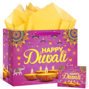 happy diwali gift bags diwali party supplies festival of lights favors gift bags with wrapping paper and card large indian diwali wrapping paper bag pink candlelight goodie bags deepavali decoration