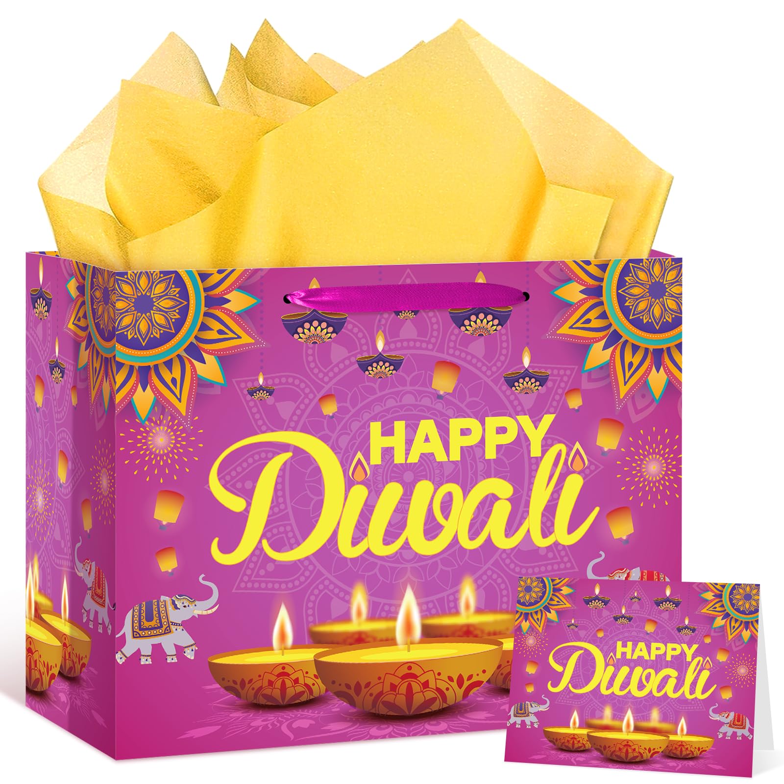 Happy Diwali Gift Bags Diwali Party Supplies Festival of Lights Favors Gift Bags with Wrapping Paper and Card Large Indian Diwali Wrapping Paper Bag Pink Candlelight Goodie Bags Deepavali Decoration