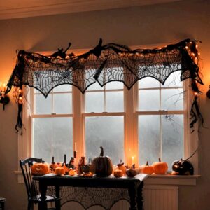 Bittesnew Halloween Decorations Spider Web Fireplace Cover, 18 x 96 inch Black Lace Cobweb Fireplace Mantle Scarf Cover, Halloween Decorations for inside, Door, Window and Festive Party Supplies Decor