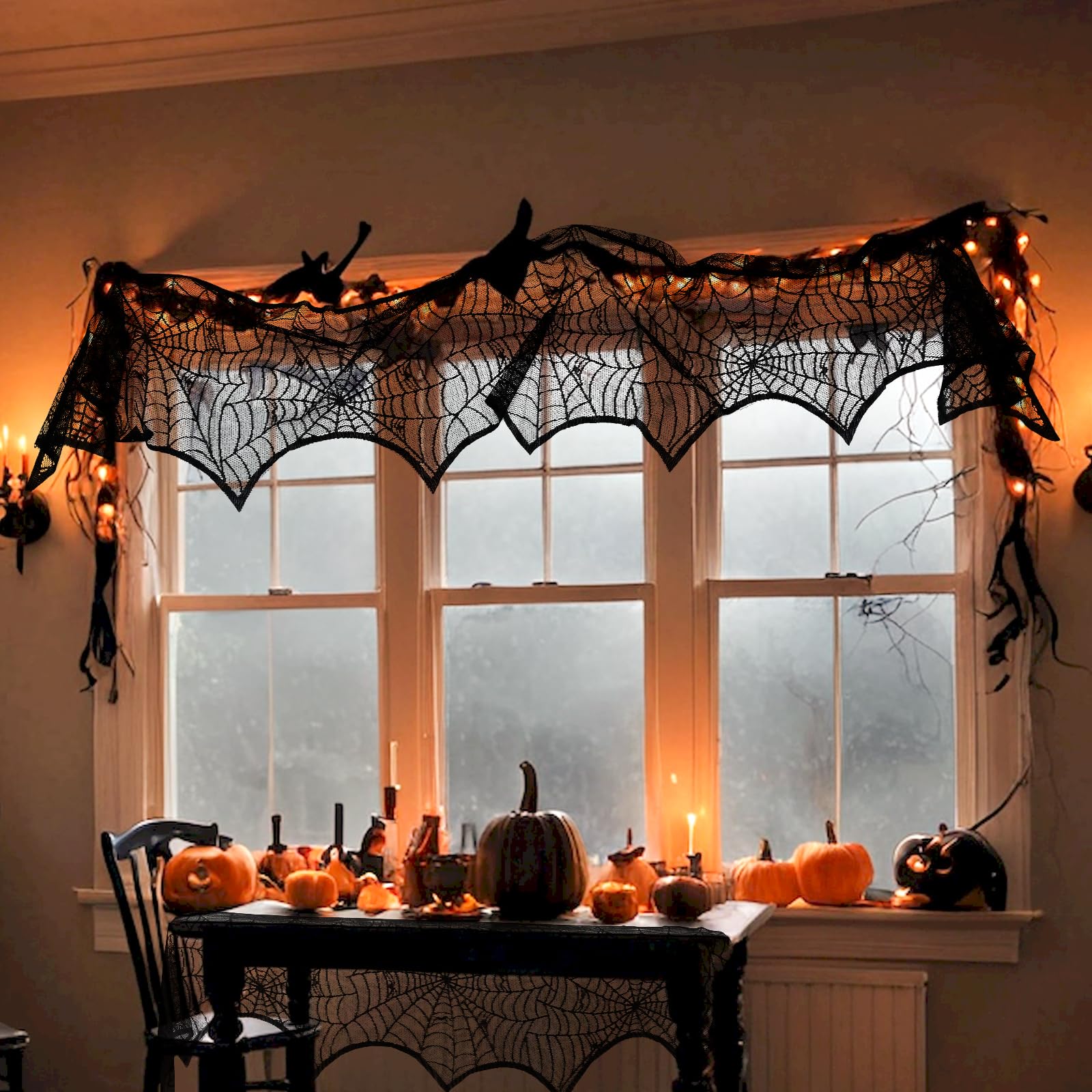 Bittesnew Halloween Decorations Spider Web Fireplace Cover, 18 x 96 inch Black Lace Cobweb Fireplace Mantle Scarf Cover, Halloween Decorations for inside, Door, Window and Festive Party Supplies Decor