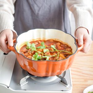 Pumpkin Dutch Oven, Enameled Cast Iron Pumpkin-Shaped Pot with Lid, Double Handle for Cooking, Marinating, Refrigerating, Baking, Safe for All Stovetops, 3.9-Quart (Yellow)