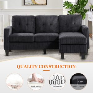 KYLE & KAY 73'' Convertible Sectional Sofa Couch, 3 Seat L-Shaped Sofa with Reversible Chaise, Small Couches for Small Spaces,Living Room, Apartment and Office, Black