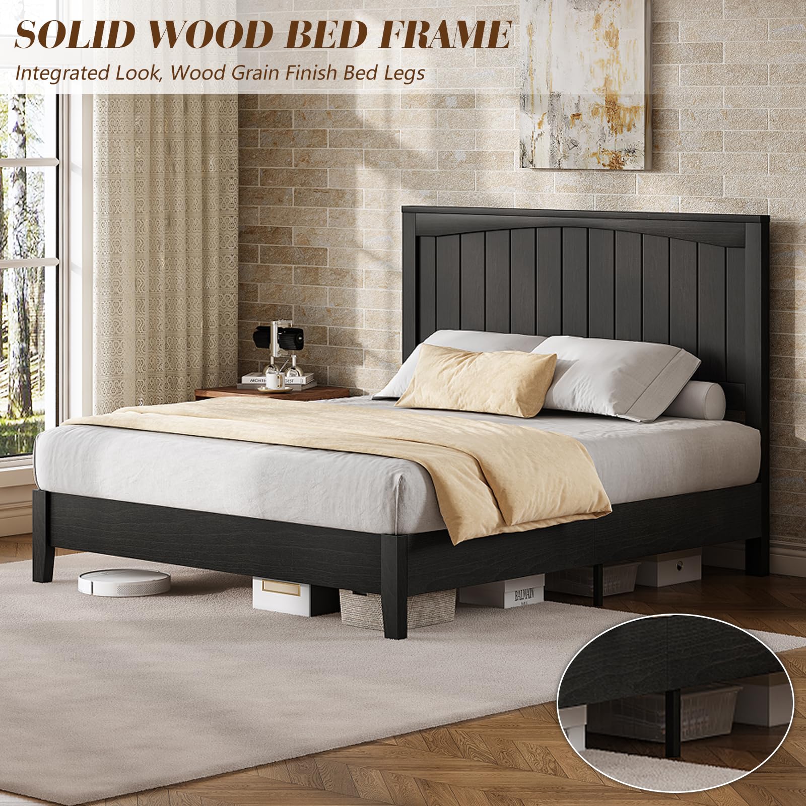 YUMPIE Queen Size Solid Wood Bed Frame with 48" High Headboard, Mid-Century Modern Wooden Platform Bed Frame, Metal & Wooden Slats Support, No Box Spring Needed/Noise Free, Black