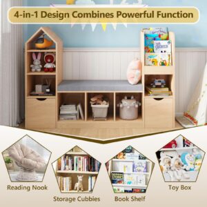 Kids Bookcase with Reading Nook, Bench Kids Bookshelf with 7 Storage Cubbies and 2 Movable Drawers, Multi-Purpose Toy Storage Organizer with Seat Cushion for Playroom, Bedroom, Living Room, Oak