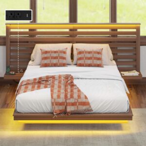 yumpie farmhouse queen floating bed frame with nightstands, platform bed with led light & type-c & usb charging station, no box spring needed/noise free, taupe