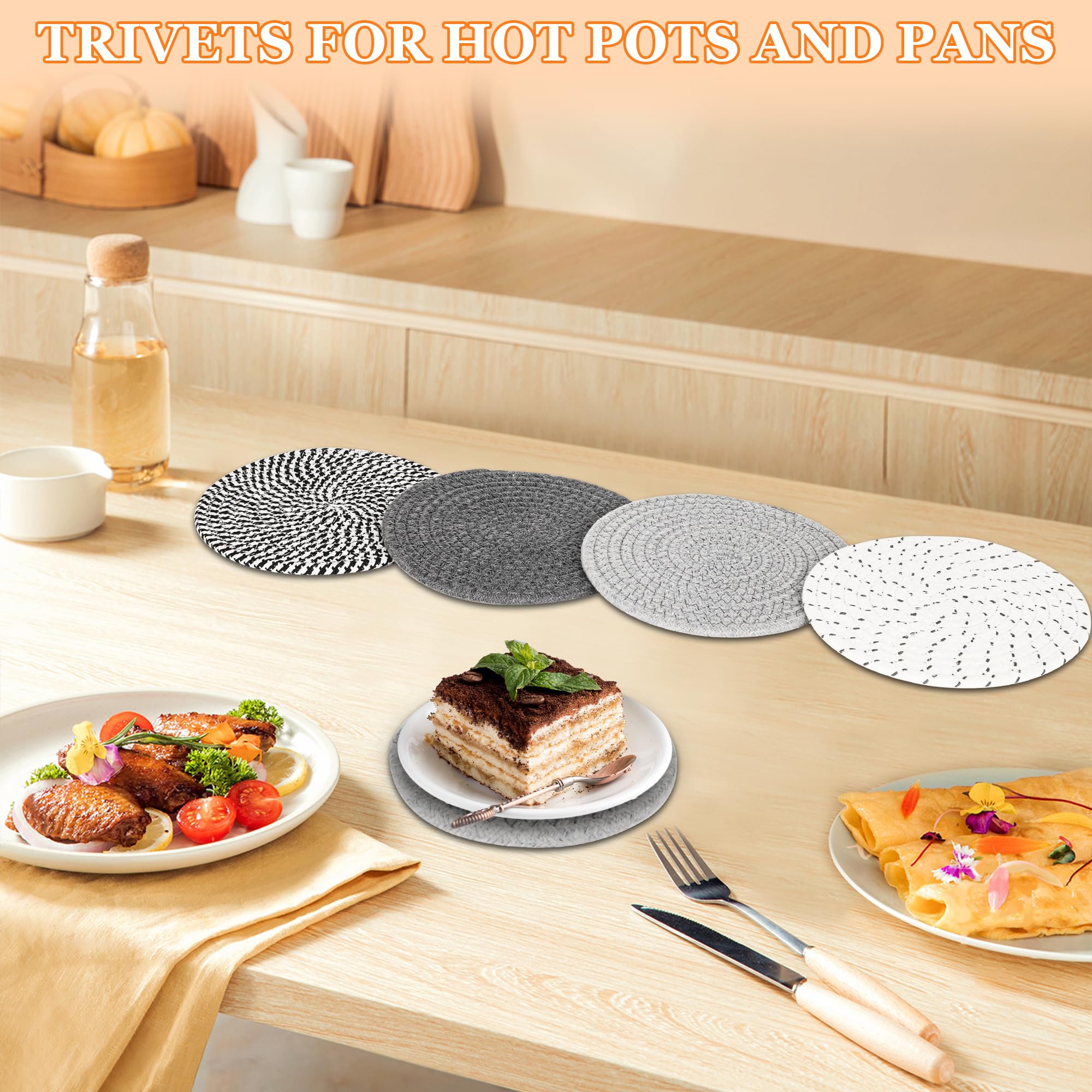 Nagobi 6 Coasters for Drinks, Trivets for Hot Dishes, Heat Resistant Hot Pads, Thick Cotton Pot Holders, Home Essentials, Kitchen Decor for Table & Countertops(Gray)