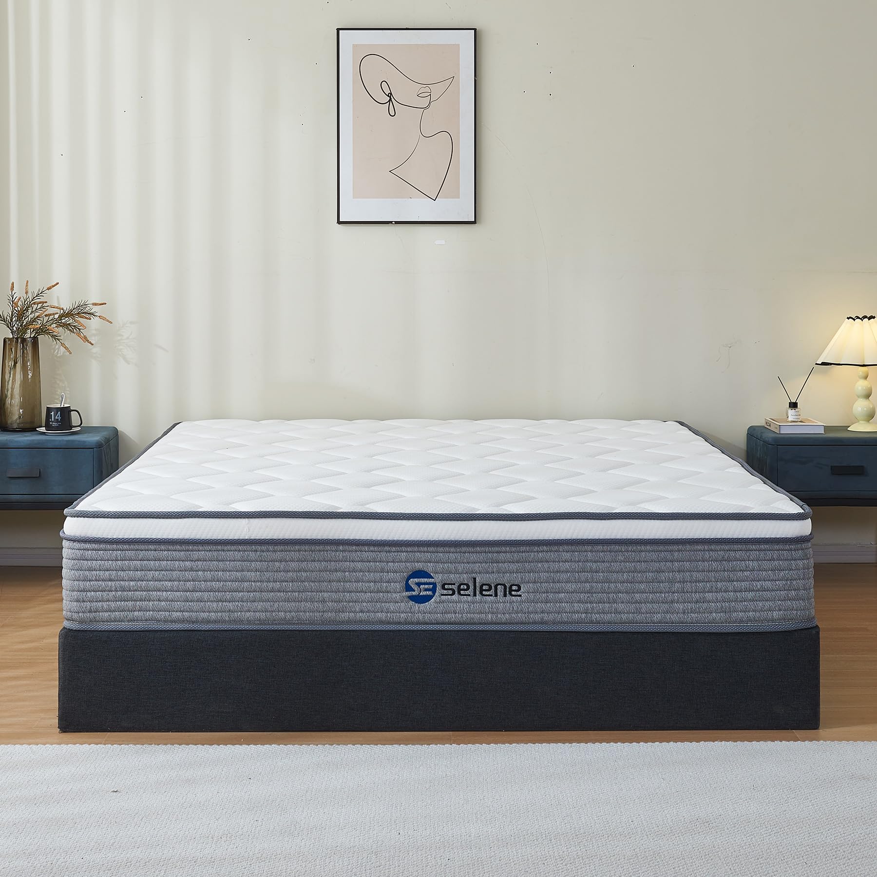 Selene Bedding Queen Mattress, 12 Inch Mattress Queen Size with Pocket Spring and Memory Foam for Pressure Relief, Motion Isolation, Edge Support, Medium Firm Mattress in a Box, CertiPUR-US, Grey