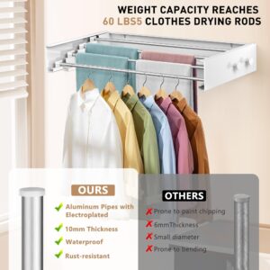 CRJKIJ Wall Mounted Laundry Drying Rack for Clothes - Foldable Conceal Drying Rack，4 Stainless Rods Heaving 48 lb Capacity (White, 23.6")