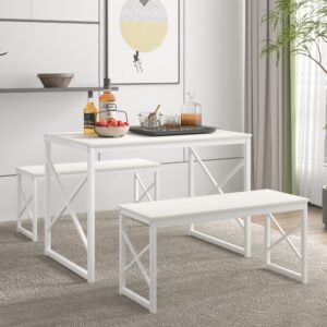 vecelo kitchen dining table set for 4, 43.3" wood rectangle dinette with 2 benches, heavy-duty metal frame for small space, breakfast nook, white