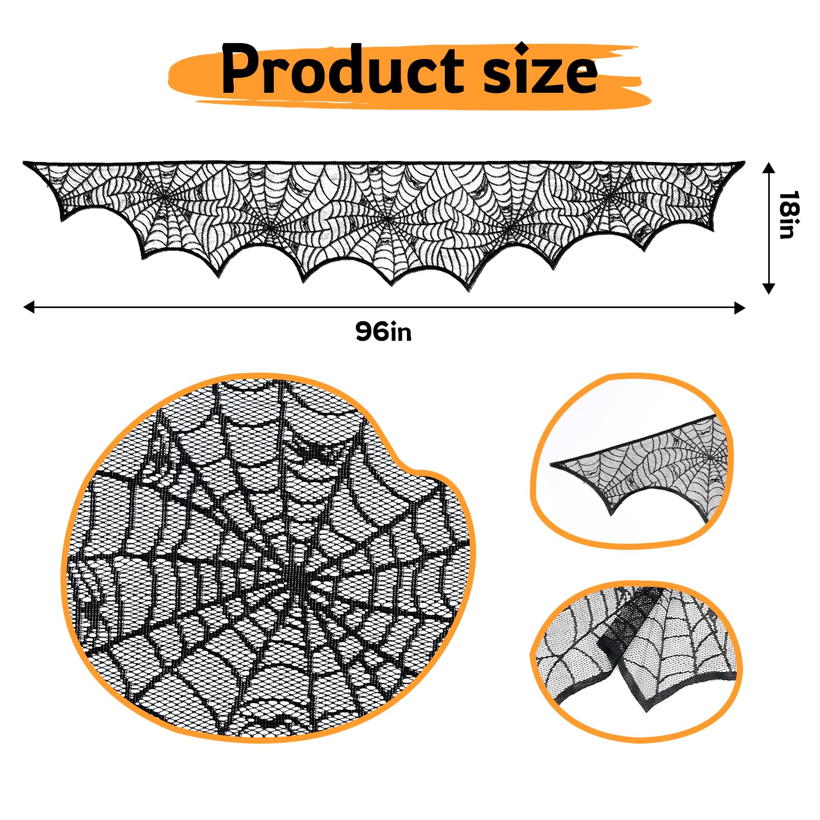 Bittesnew Halloween Decorations Spider Web Fireplace Cover, 18 x 96 inch Black Lace Cobweb Fireplace Mantle Scarf Cover, Halloween Decorations for inside, Door, Window and Festive Party Supplies Decor