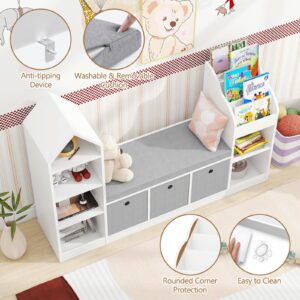 Kids Bookcase with Reading Nook, Bench Kids Bookshelf with 9 Storage Cubbies and 3 Drawers, Multi-Purpose Toy Storage Organizer with Seat Cushion for Playroom, Bedroom, Entryway, Living Room, White