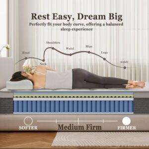 Full Mattress, 12 Inch Full Size Mattress Hybrid Design Memory Foam Full Mattress in a Box for Cooling Sleep Pressure Relief Supportive Fiberglass Free