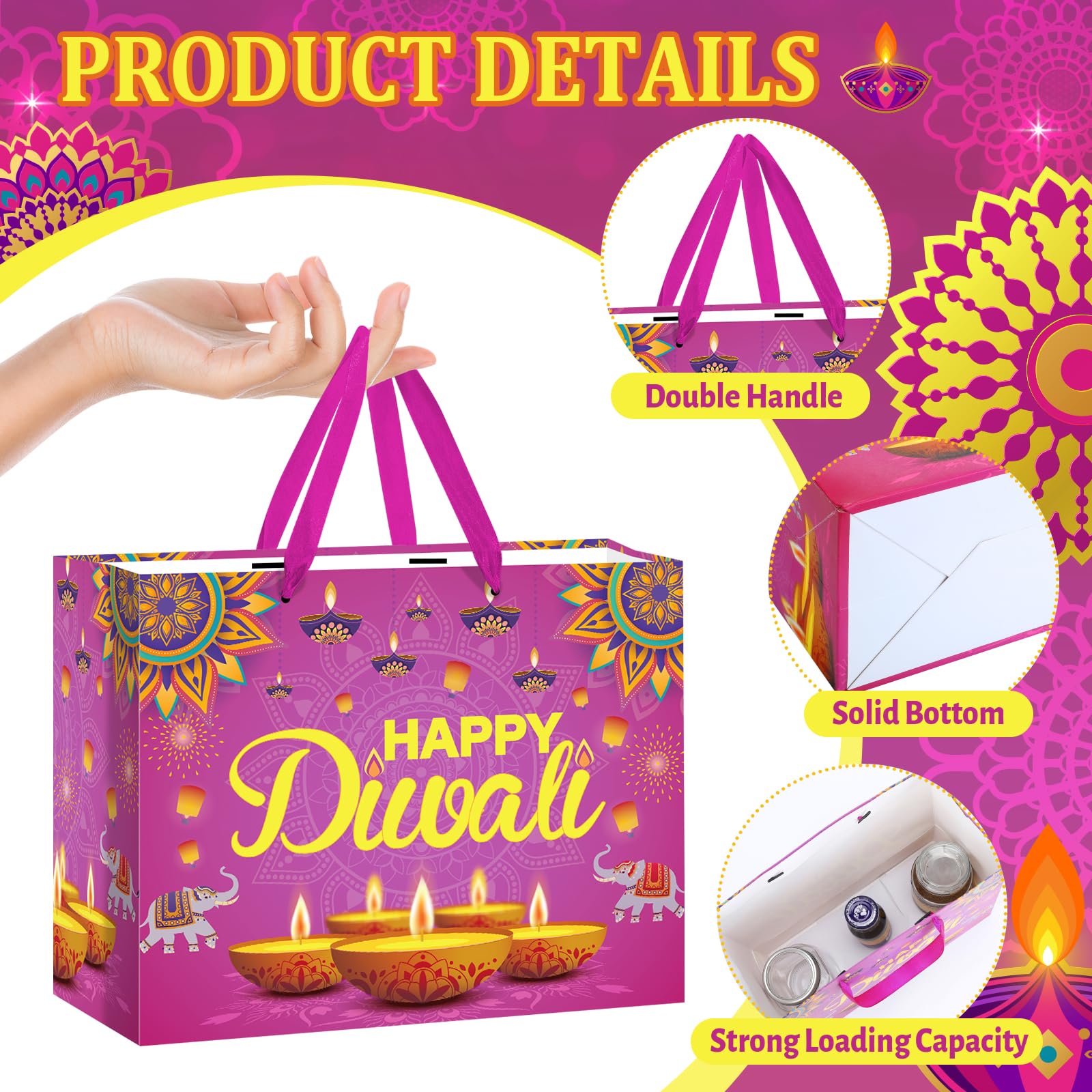 Happy Diwali Gift Bags Diwali Party Supplies Festival of Lights Favors Gift Bags with Wrapping Paper and Card Large Indian Diwali Wrapping Paper Bag Pink Candlelight Goodie Bags Deepavali Decoration