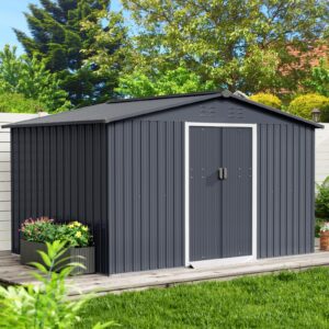 zstar 10 x 8 ft outdoor storage shed, metal storage shed with updated frame structure, lockable doors and sloped roof, large storage shed for backyard garden patio lawn, gray