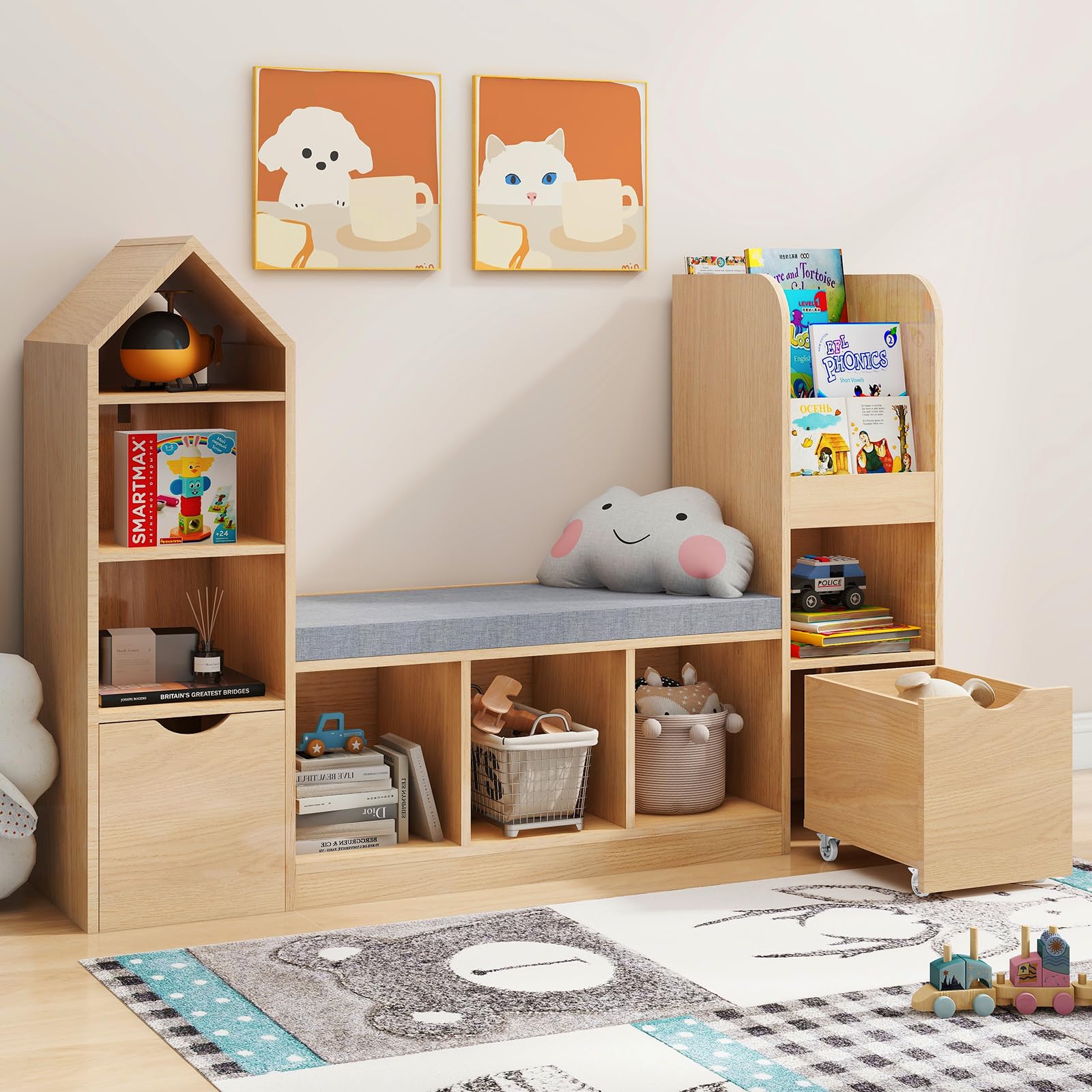 Kids Bookcase with Reading Nook, Bench Kids Bookshelf with 7 Storage Cubbies and 2 Movable Drawers, Multi-Purpose Toy Storage Organizer with Seat Cushion for Playroom, Bedroom, Living Room, Oak