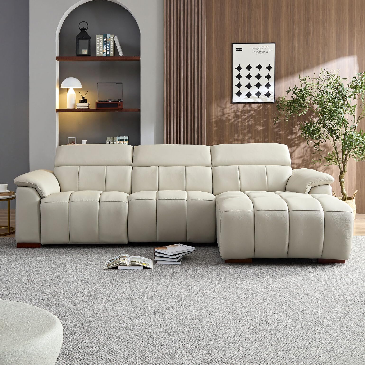 TURRIDU Oversized Genuine Leather L Shaped Sofa, Modern Electric Control Seat 3-Seater Couch with USB Interface, Power Recliner, Reclining Sectional Sofa with Console& Single Left Recliner, Beige