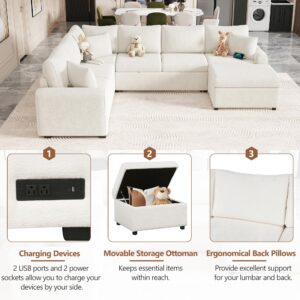 112.2” Sectional Sofa Pull Out Sofa Bed Sleeper with a Storage Ottoman, 3 Pillows and Charging Devices, Modern Oversized Modular Sectional Sofa Couch with Pull Out Bed for Living Room, Beige