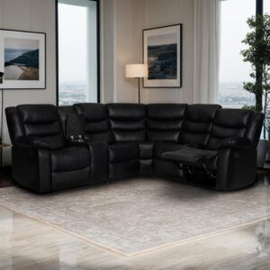 recliner sectional sofa, faux leather manual reclining sectional couch, modular livingroom furniture sets with 1 storage console & 2 cup holders (black)