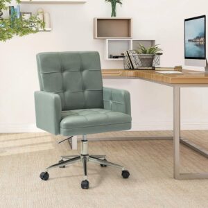 hulala home faux leather office chair with mid back support & armrests, mid century modern tufted home desk chair, height-adjustable swivel computer task chair for study bedroom living room, sage