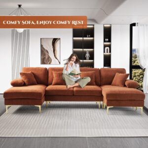 OUYESSIR 110" U Shaped Sectional Sofa Couch for Living Room, 4 Seater Sofa Convertible L-Shaped Chenille Couch Set with Chaise Lounge, Ottoman and Pillows, Orange